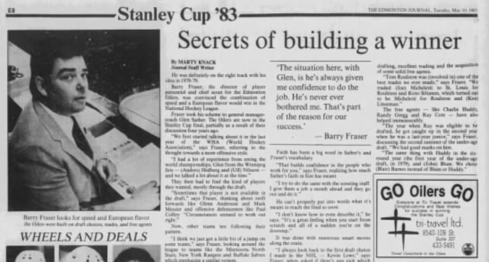 Barry Fraser, former Edmonton Oilers head scout who helped build ...