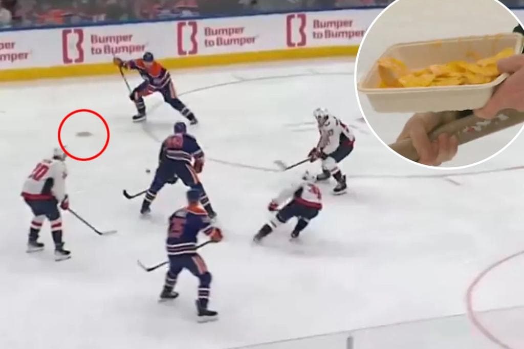 Oilers fans react to goal scored with Nachos on the ice